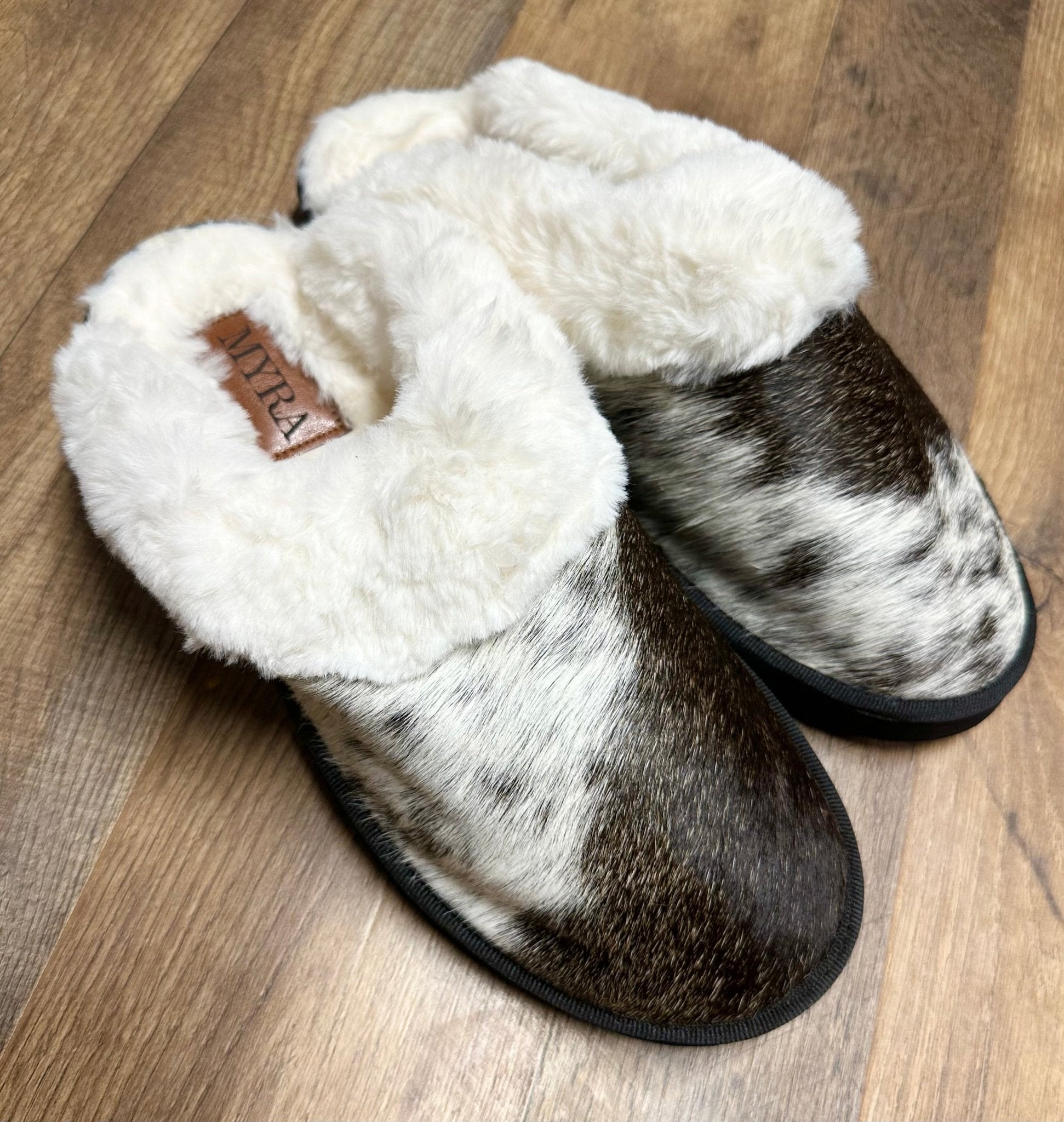 Alamosa Black White Hair on Hide Slippers - Painted Aces Boutique